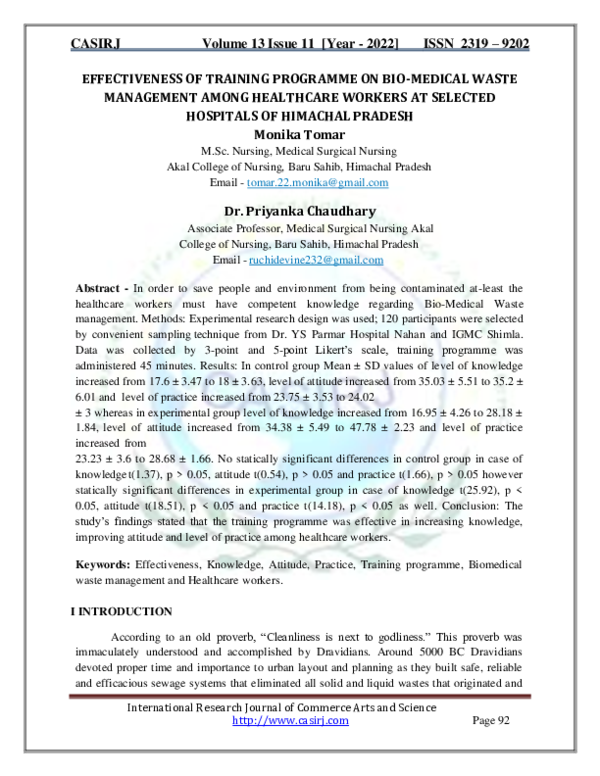 (PDF) EFFECTIVENESS OF TRAINING PROGRAMME ON BIO-MEDICAL WASTE ...