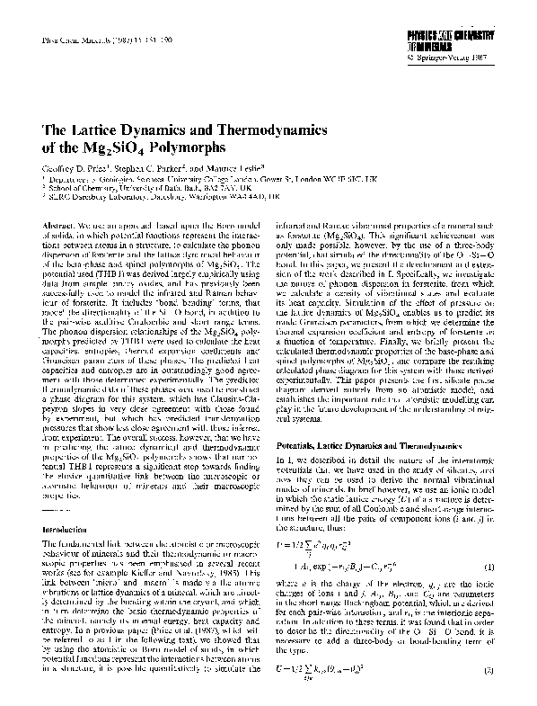 (PDF) The lattice dynamics and thermodynamics of the Mg2SiO4 polymorphs