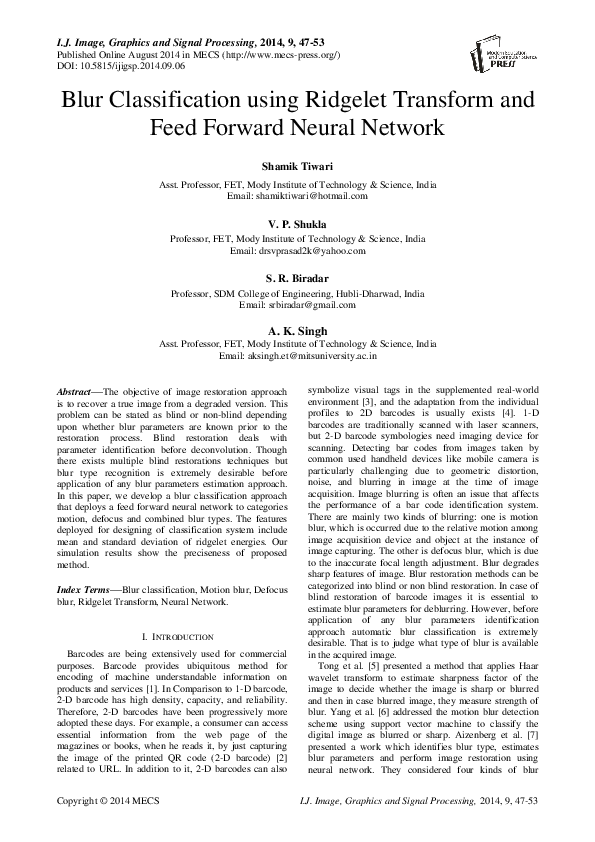 (PDF) Blur Classification using Ridgelet Transform and Feed Forward Neural Network