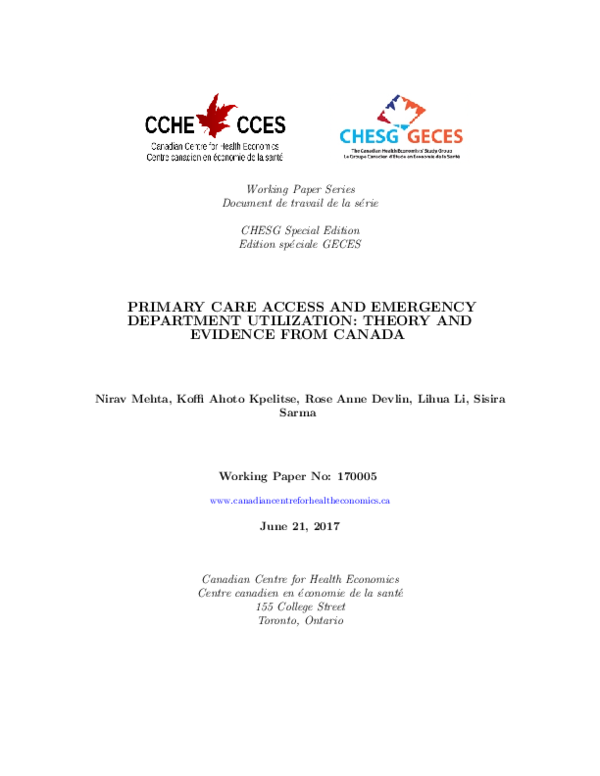 (PDF) Primary Care Access and Emergency Department Utilization: Theory and Evidence from Canada