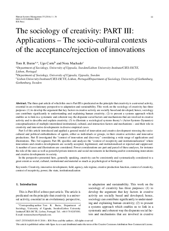 (PDF) The sociology of creativity: PART III: Applications – The socio ...