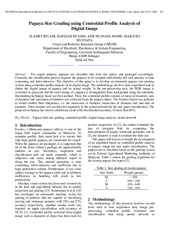 (PDF) Papaya Size Grading using Centroidal Profile Analysis of Digital Image