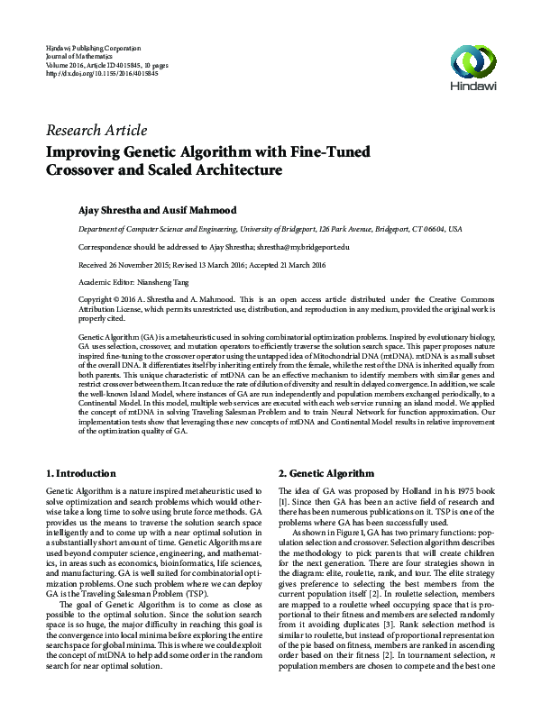 (PDF) Improving Genetic Algorithm with Fine-Tuned Crossover and Scaled Architecture | ajay ...