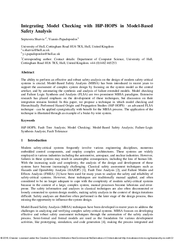 (PDF) Integrating model checking with HiP-HOPS in model-based safety analysis