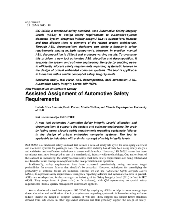 (PDF) Assisted Assignment of Automotive Safety Requirements