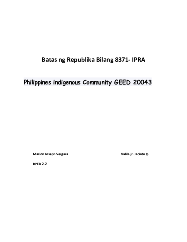(DOC) Batas ng Republika Bilang 8371-IPRA Philippines indigenous ...