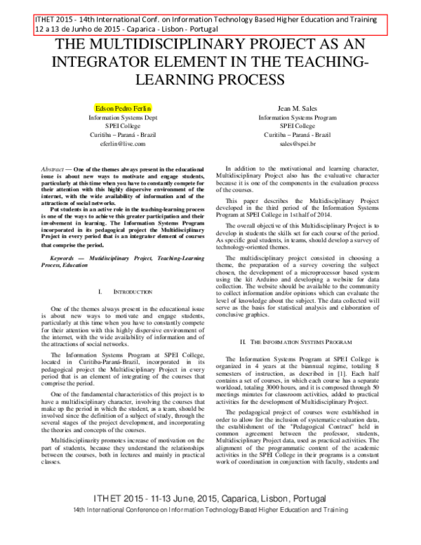 (PDF) THE MULTIDISCIPLINARY PROJECT AS AN INTEGRATOR ELEMENT IN THE TEACHING-LEARNING PROCESS