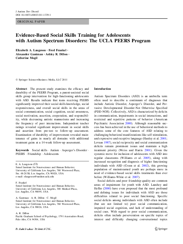 (PDF) Evidence-Based Social Skills Training for Adolescents with Autism ...