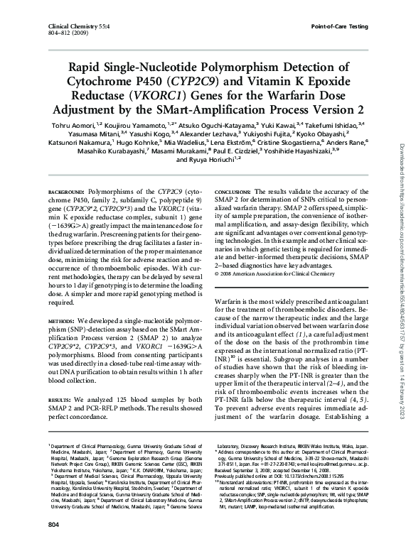 Rapid Single-Nucleotide Polymorphism Detection of Cytochrome P450 (CYP2C9) and Vitamin K Epoxide ...