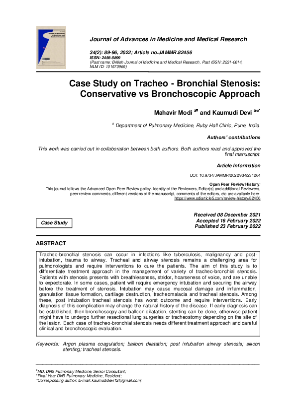 (PDF) Case Study on Tracheo - Bronchial Stenosis: Conservative vs Bronchoscopic Approach