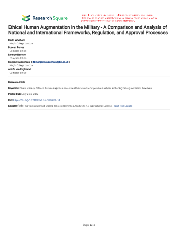 (PDF) Ethical Human Augmentation in the Military - A Comparison and ...