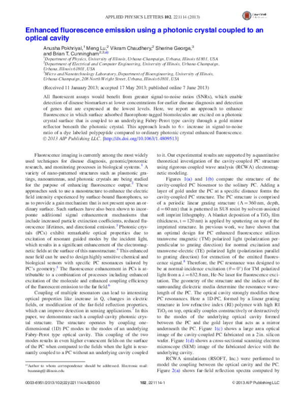 (PDF) Enhanced fluorescence emission using a photonic crystal coupled to an optical cavity