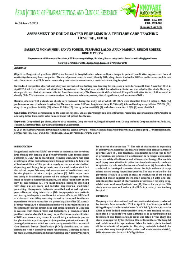 (PDF) Assessment of Drug Related Problems in a Tertiary Care Teaching ...