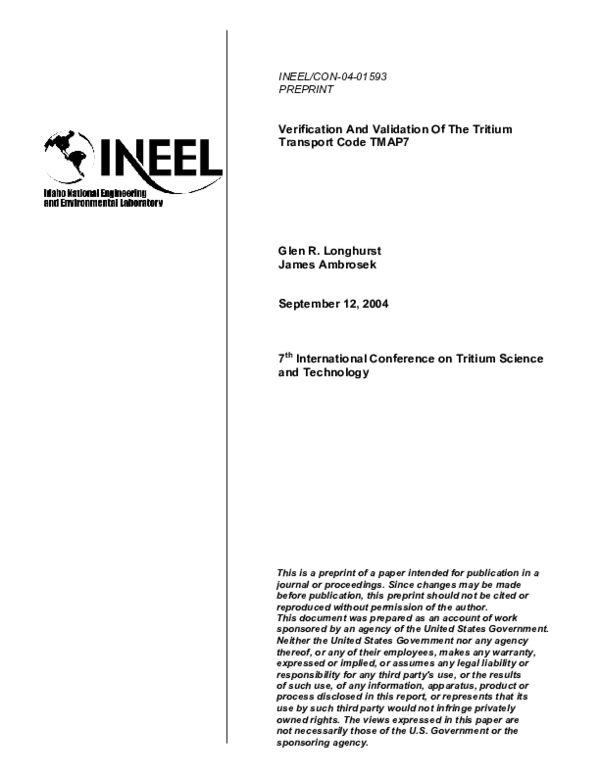 (PDF) Verification and Validation of the Tritium Transport Code TMAP7