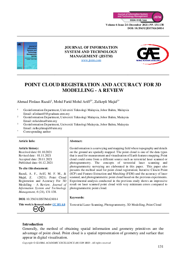 (PDF) Point Cloud Registration and Accuracy for 3D Modelling - a Review | Mohd Farid Mohd Ariff ...