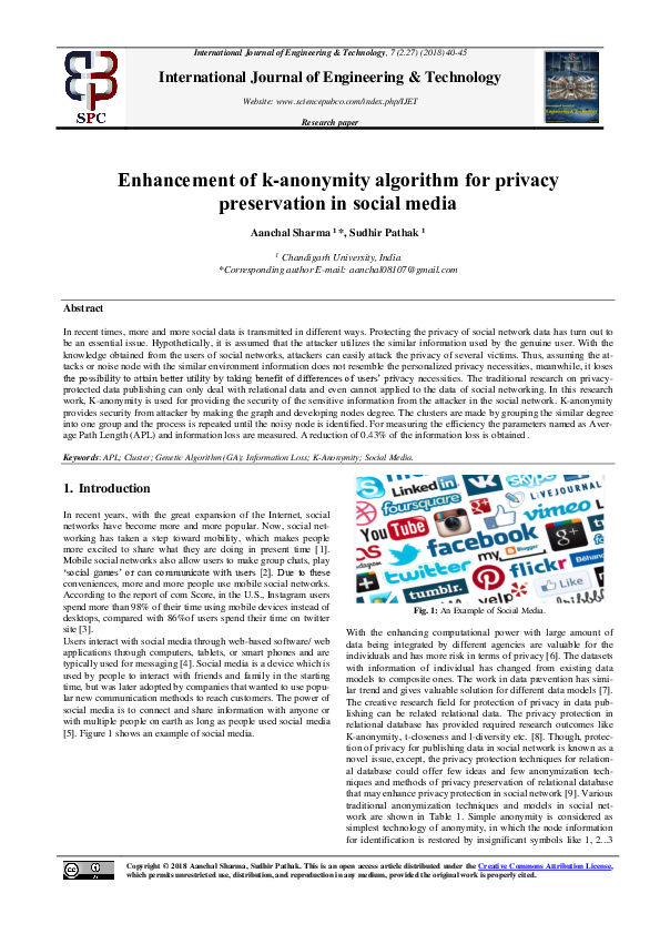 (PDF) Enhancement of k-anonymity algorithm for privacy preservation in social media