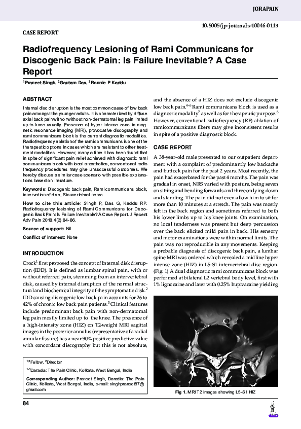 (PDF) Radiofrequency Lesioning of Rami Communicans for Discogenic Back ...