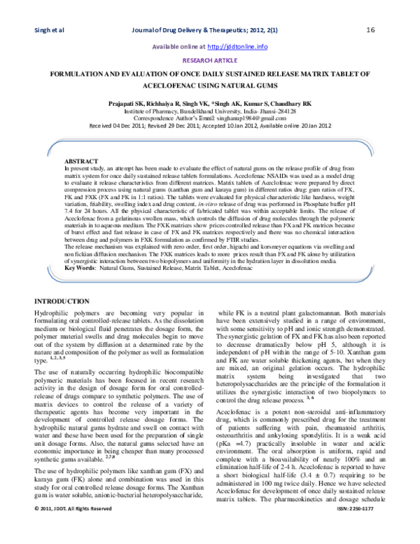 Pdf Formulation And Evaluation Of Once Daily Sustained Release Matrix Tablets Of Aceclofenac