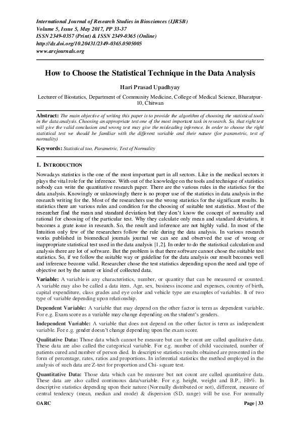 (PDF) How to Choose the Statistical Technique in the Data Analysis