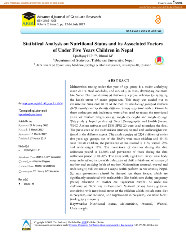 (PDF) Statistical Analysis on Nutritional Status and its Associated ...