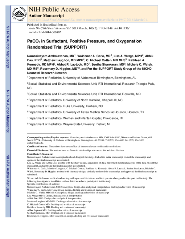 (PDF) PaCO2 in Surfactant, Positive Pressure, and Oxygenation Randomised Trial (SUPPORT)