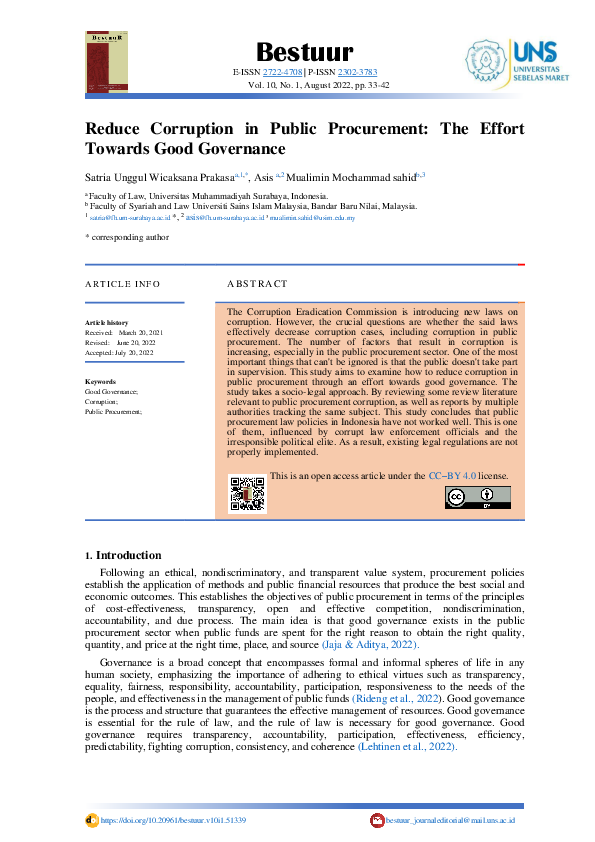 (PDF) Reduce Corruption in Public Procurement: The Effort Towards Good ...