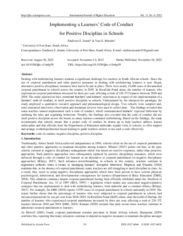 (PDF) Implementing a Learners’ Code of Conduct for Positive Discipline in Schools