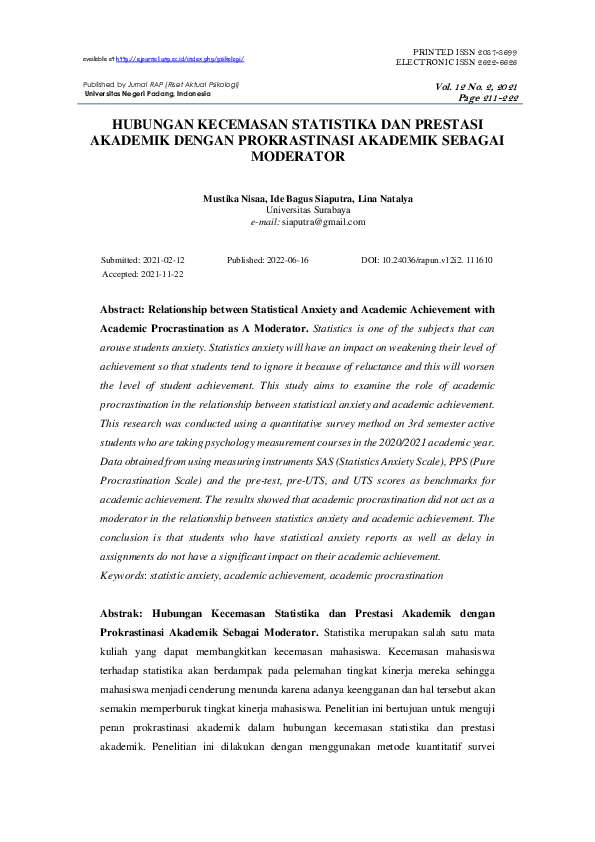 (PDF) Hubungan Kecemasan Statistika Dan Prestasi Akademik Dengan Prokrastinasi Akademik Sebagai ...