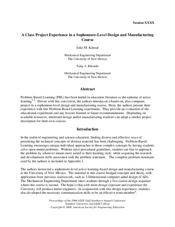(PDF) A Class Project Experience in a Sophomore-Level Design and Manufacturing Course