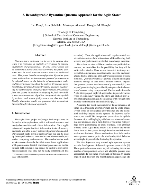 (PDF) A reconfigurable Byzantine quorum approach for the Agile Store