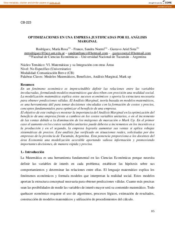 (PDF) Optimizaciones en una empresa justificadas por el análisis marginal