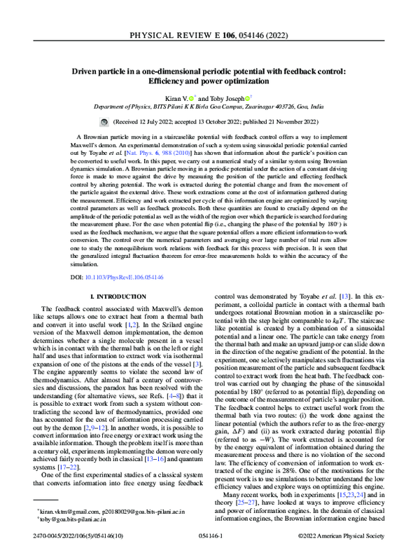 (PDF) Driven particle in a one-dimensional periodic potential with feedback control: Efficiency ...