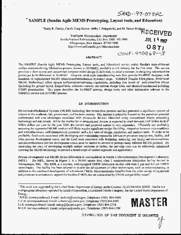 (PDF) SAMPLE (Sandia agile MEMS prototyping, layout tools, and education)