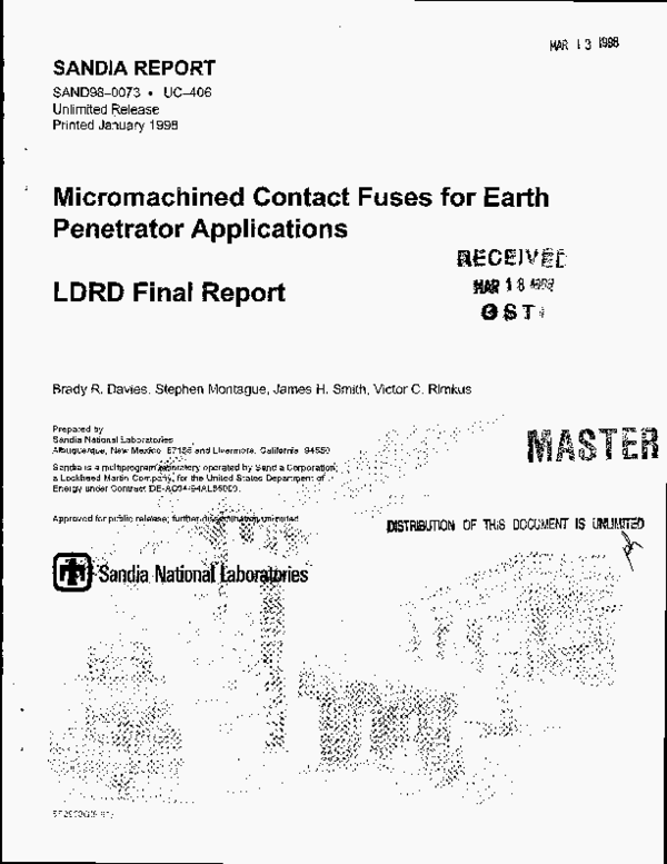 (PDF) Micromachined contact fuses for earth penetrator applications. LDRD final report
