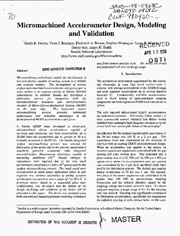 (PDF) Micromachined accelerometer design, modeling and validation | Brady Davies - Academia.edu