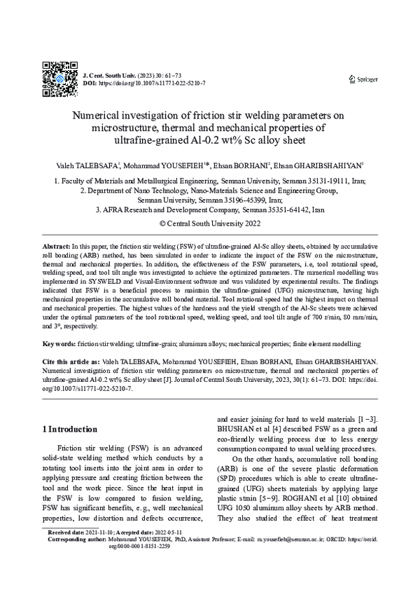 Pdf Numerical Investigation Of Friction Stir Welding Parameters On Microstructure Thermal And