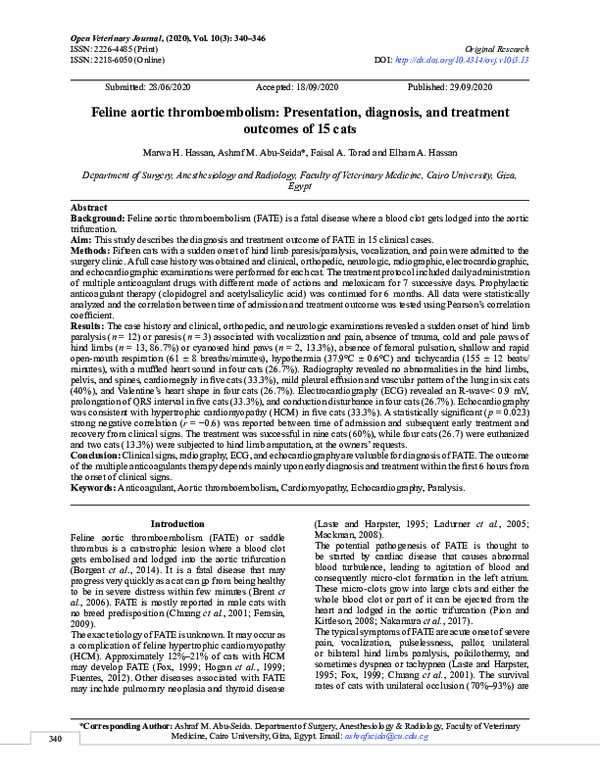 (PDF) Feline aortic thromboembolism: Presentation, diagnosis, and ...