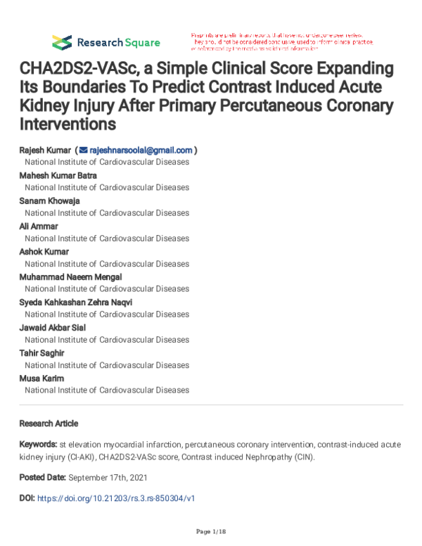(PDF) CHA2DS2-VASc, a Simple Clinical Score Expanding Its Boundaries To Predict Contrast Induced ...