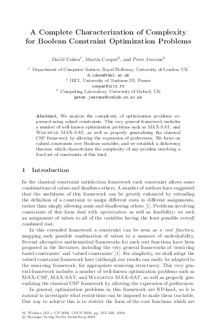 Pdf A Complete Characterization Of Complexity For Boolean Constraint Optimization Problems