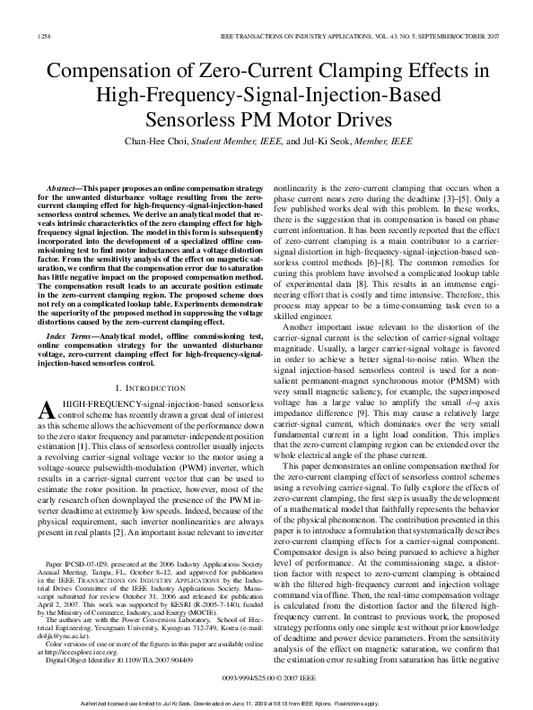 Pdf Compensation Of Zero Current Clamping Effects In High Frequency Signal Injection Based