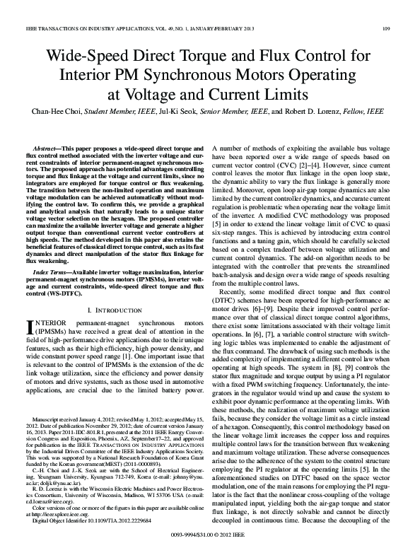 Pdf Wide Speed Direct Torque And Flux Control For Interior Pm Synchronous Motors Operating At