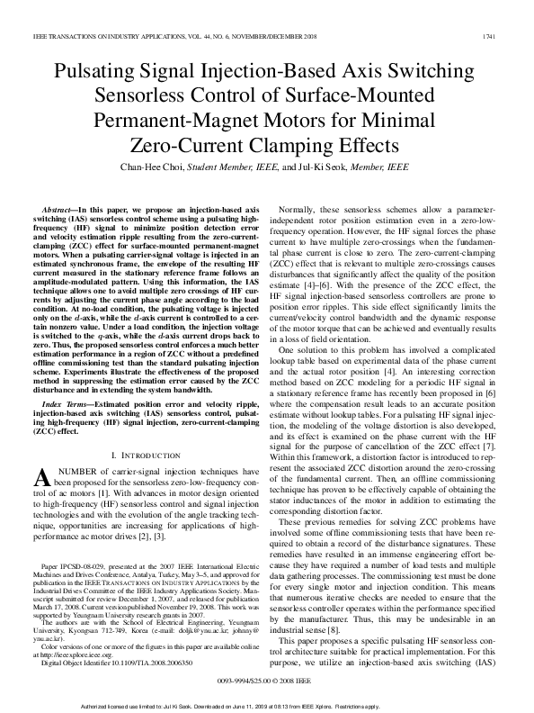 Pdf Pulsating Signal Injection Based Axis Switching Sensorless Control Of Surface Mounted 