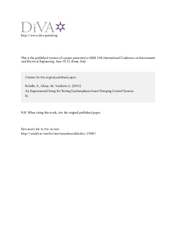 Pdf An Experimental Setup For Testing Synchrophasor Based Damping Control Systems