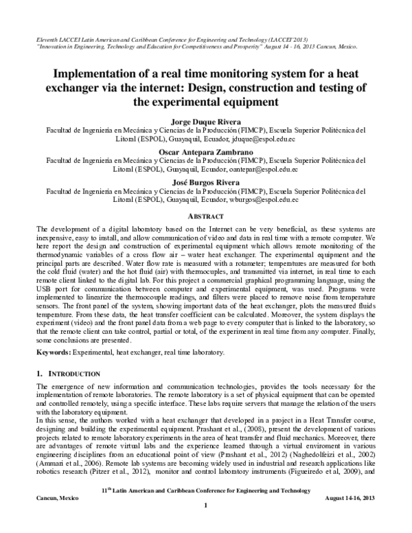 (PDF) Implementation of a real time monitoring system for a heat exchanger via the internet ...