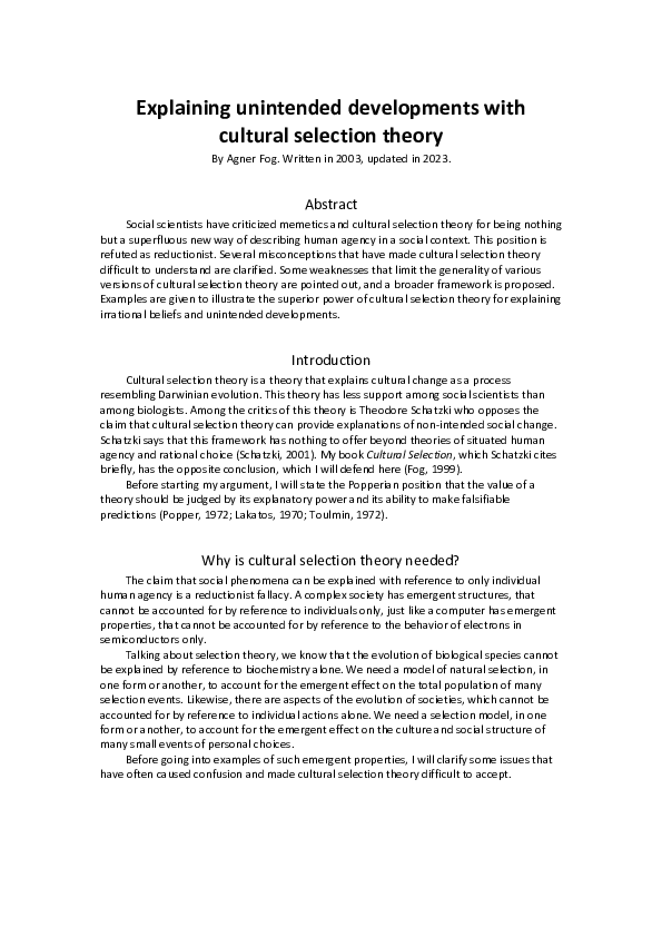 (PDF) Explaining unintended developments with cultural selection theory