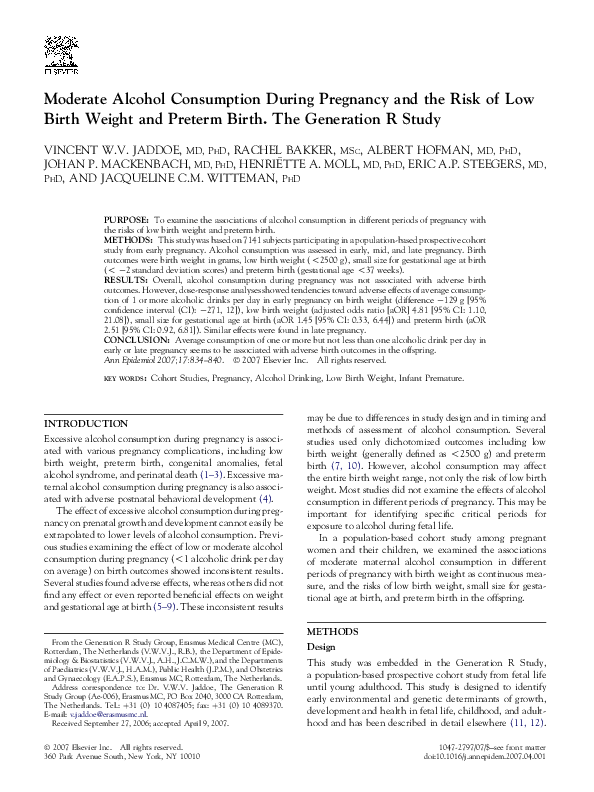 (PDF) Moderate Alcohol Consumption During Pregnancy and the Risk of Low ...