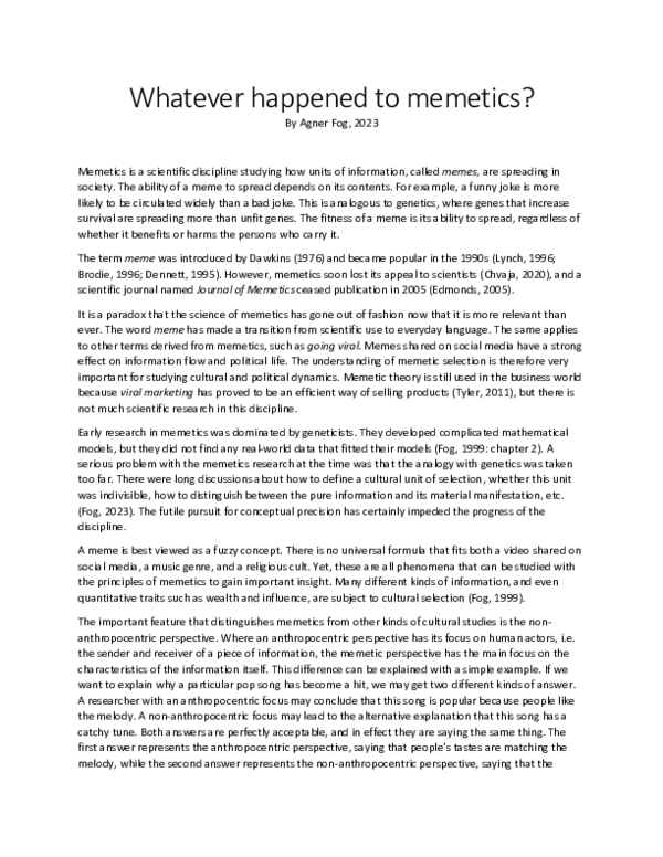 (PDF) Whatever happened to memetics