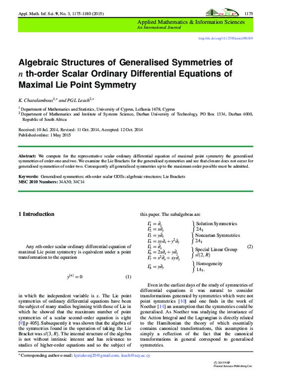 Pdf Algebraic Structures Of Generalised Symmetries Of N Th Order Scalar Ordinary Differential
