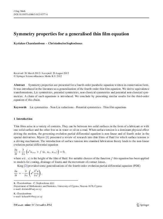 (PDF) Symmetry properties for a generalised thin film equation