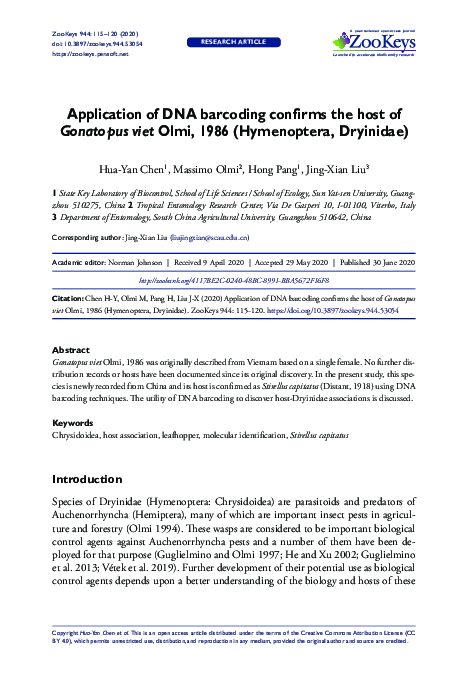 (PDF) Application of DNA barcoding confirms the host of Gonatopus viet Olmi, 1986 (Hymenoptera ...